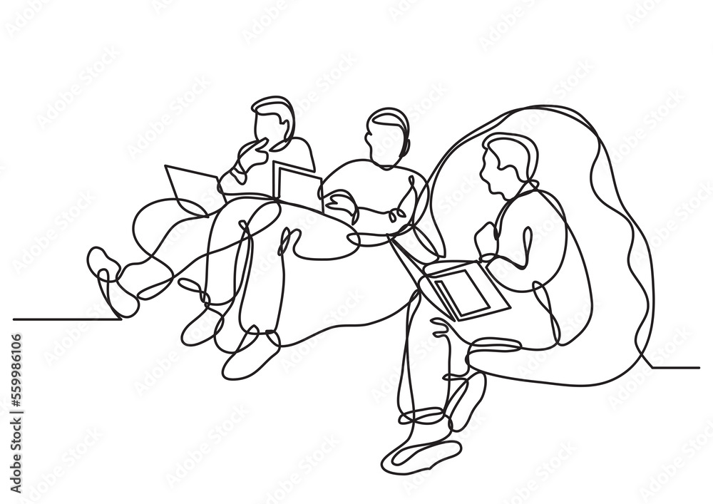 continuous line drawing programmers with laptops on bean bags - PNG ...