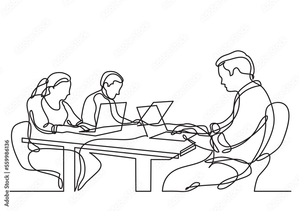continuous line drawing three coworkers working - PNG image with ...