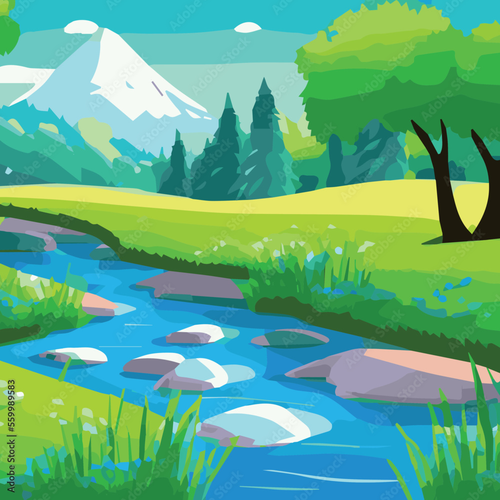 Spring landscape with forests, river, mountain, sun, blue sky and ...