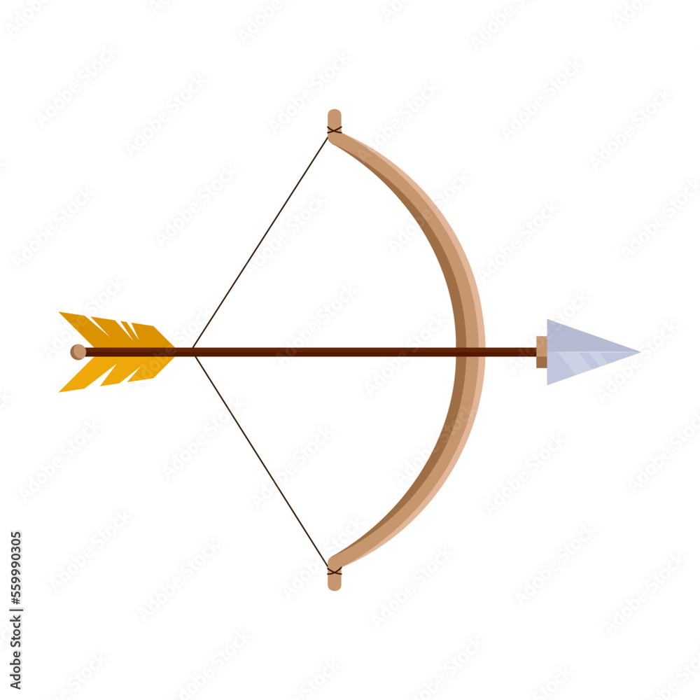 Ancient bow with a stretched string and a sharp arrow of warrior vector illustration. Cartoon ...