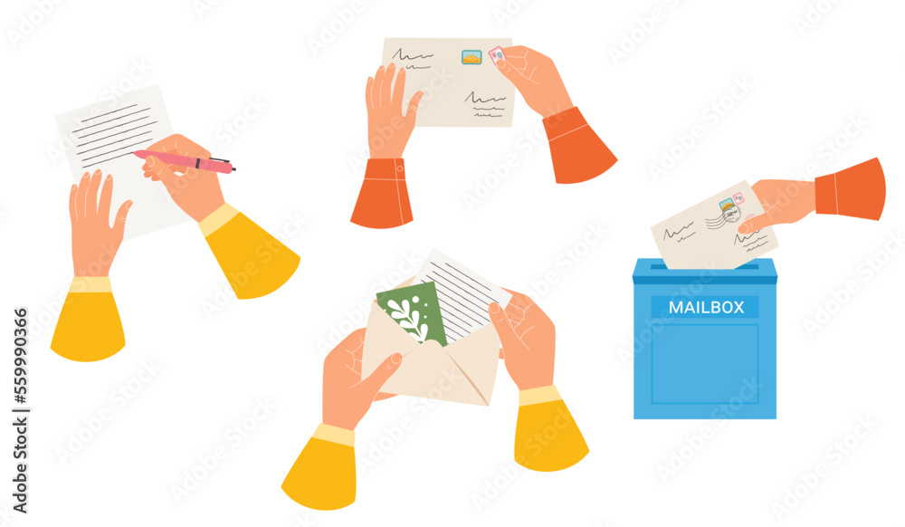 Hands write a letter, hold a paper envelope, glue a stamp. Sending the ...