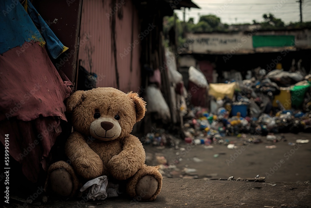 Homeless teddy bear in dirty city slums alone and emotionally sad ...