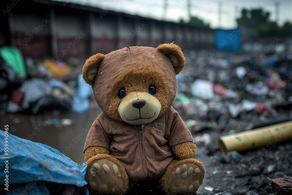 Homeless teddy bear in dirty city slums alone and emotionally sad ...