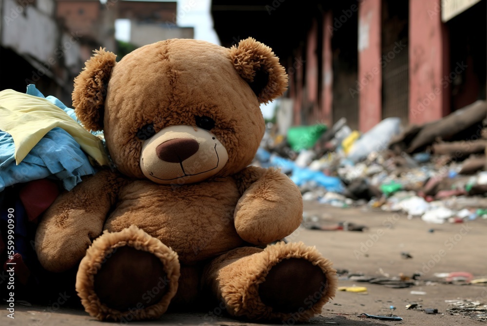 Homeless teddy bear in dirty city slums alone and emotionally sad ...