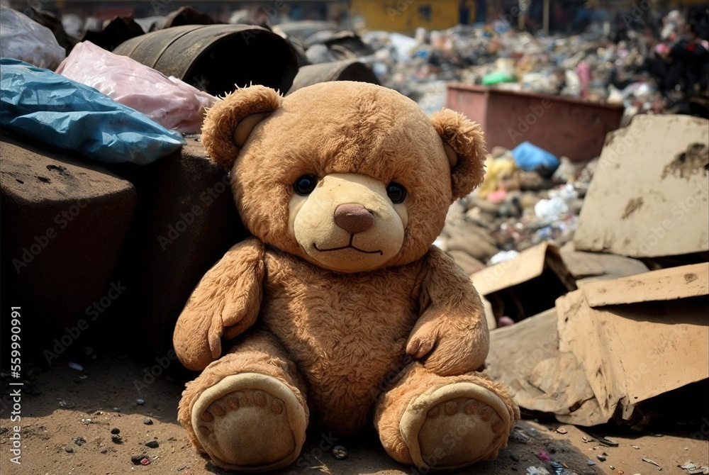 Homeless teddy bear in dirty city slums alone and emotionally sad ...