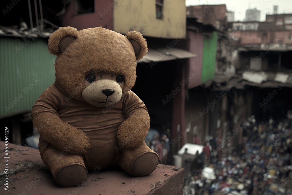 Homeless teddy bear in dirty city slums alone and emotionally sad ...