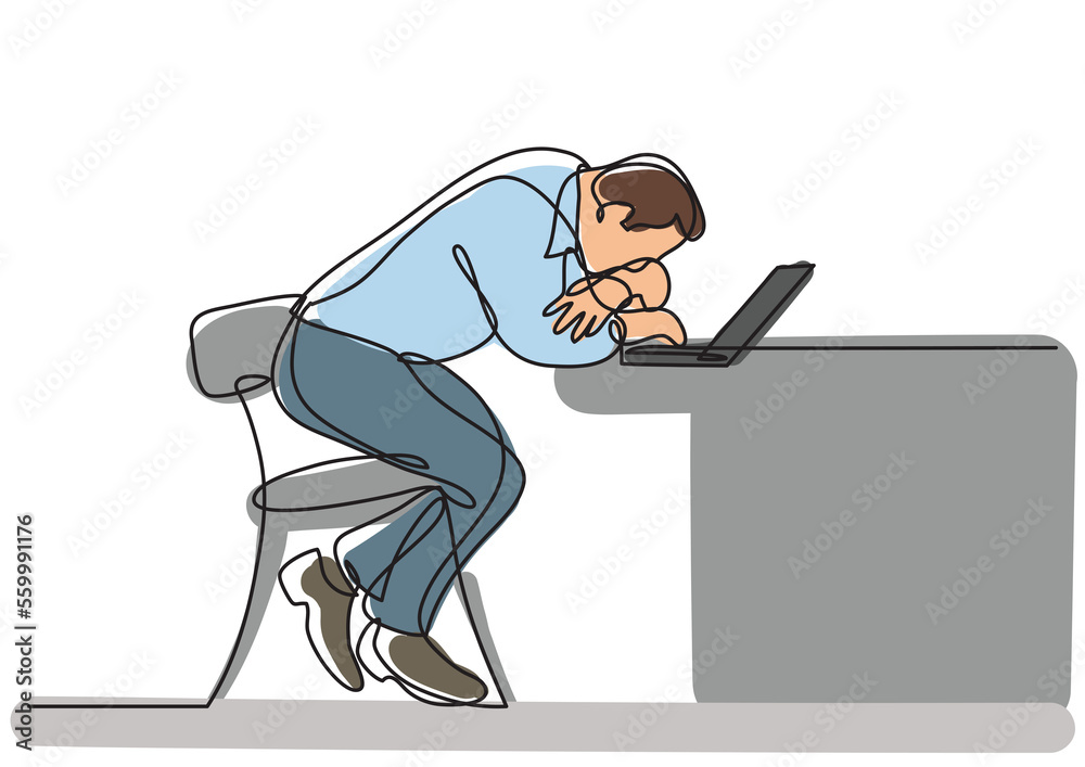 continuous line drawing depressed businessman sitting behind laptop ...