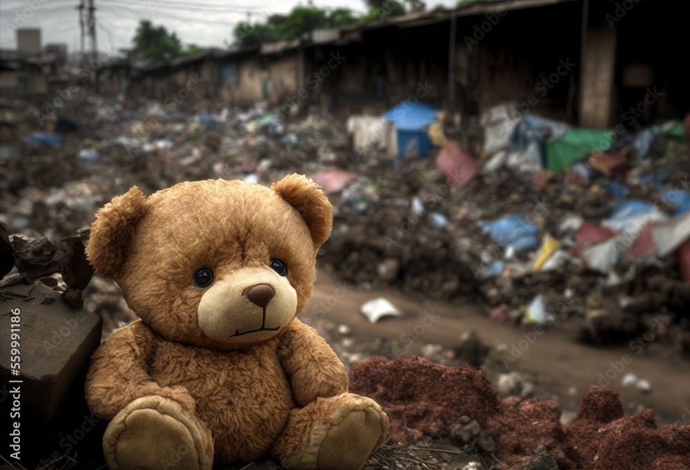 Homeless teddy bear in dirty city slums alone and emotionally sad ...
