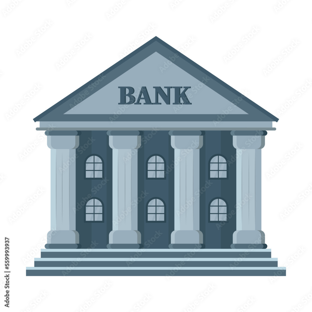 Facade of bank building with columns cartoon illustration. Metallic or ...