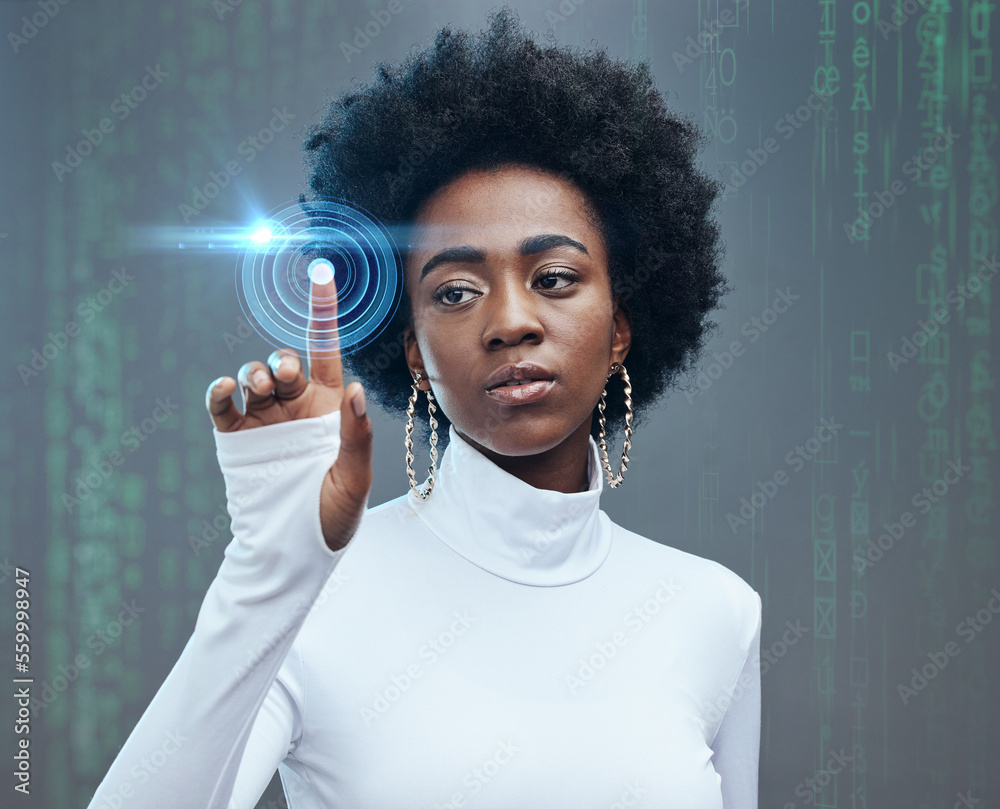 Futuristic, hologram and black woman with technology in a studio for ... Futuristic, hologram and black woman with technology in a studio for ...