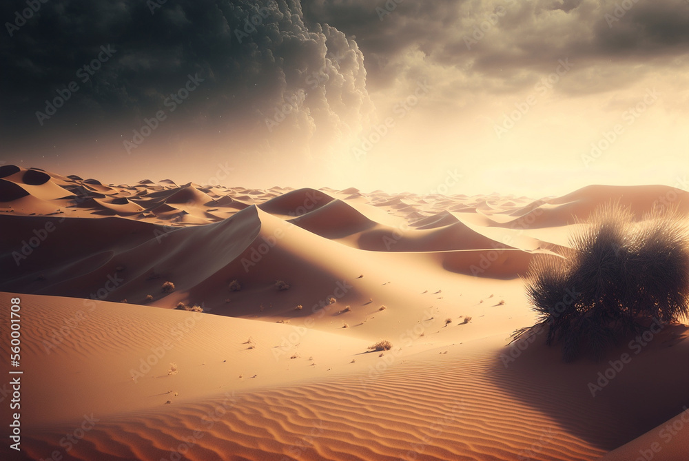 An epic desert scene with dramatic sky, showcasing the vast expanse of ...