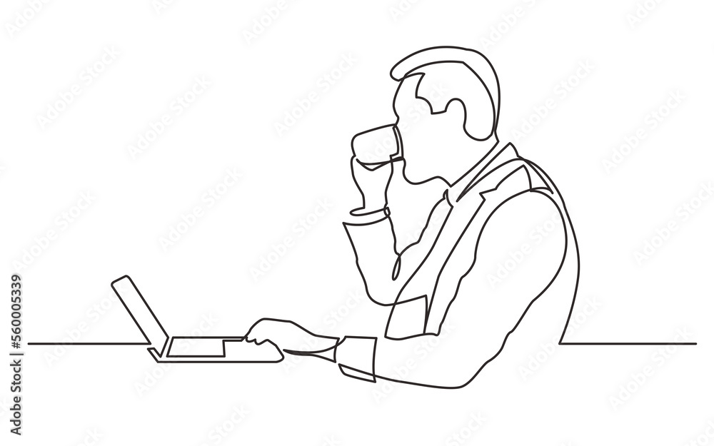 continuous line drawing man drinking coffee working laptop computer ...