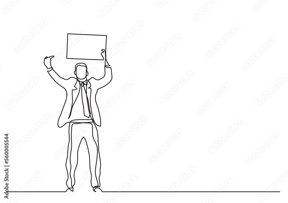 continuous line drawing one standing office worker pointing at blank ...