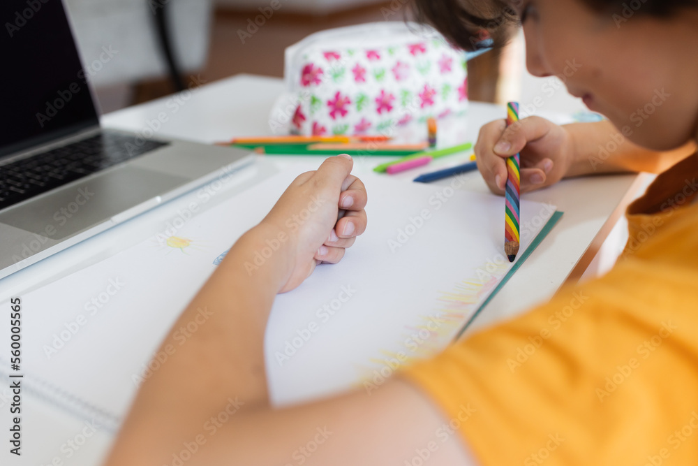 Online education. drawing lesson. a child draws a drawing in an online ...