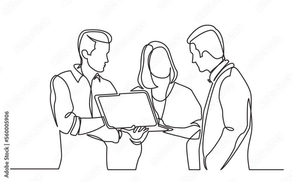 continuous line drawing team discussing work watching laptop computer ...