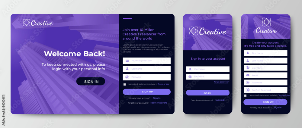 Set of Sign Up and Sign In forms. Blue gradient. Mobile Registration ...
