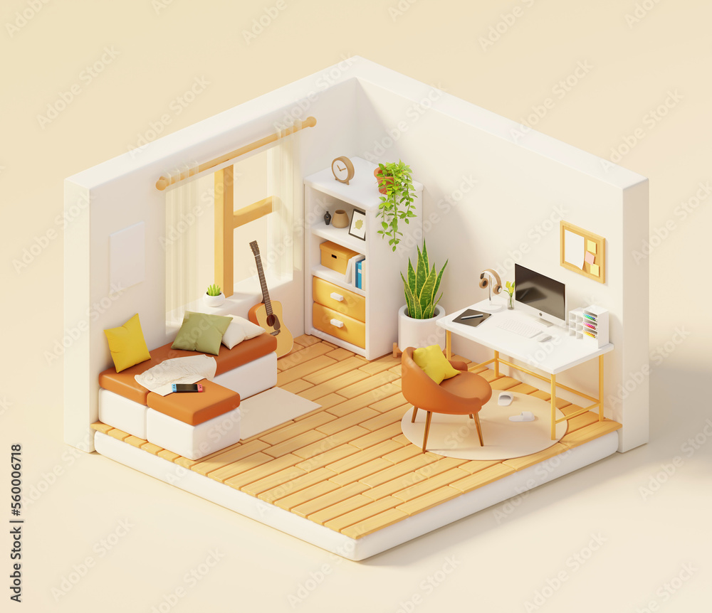 3D isometric cozy room, interior, workspace, white walls, wooden floor ...