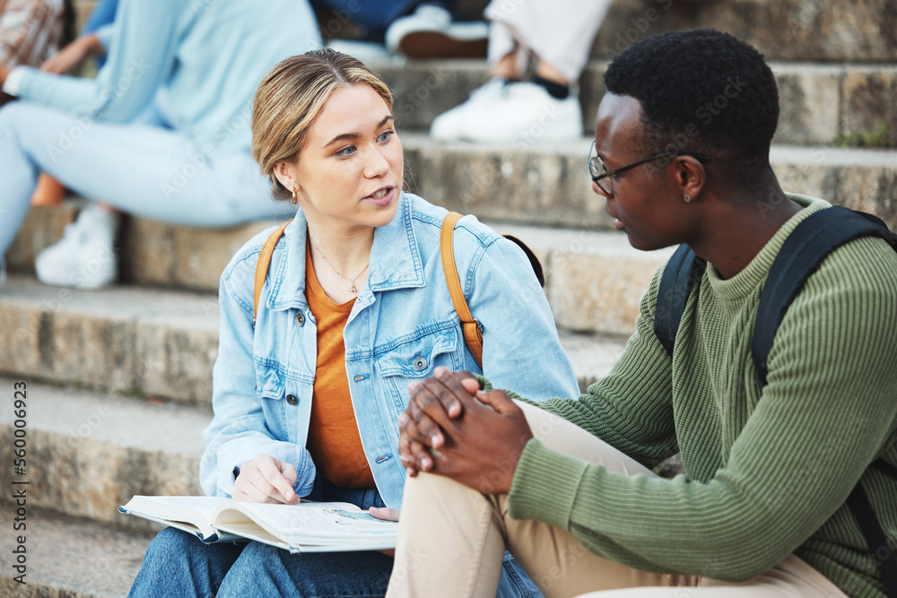 Talking students, black man or woman on stairs, university steps or ...