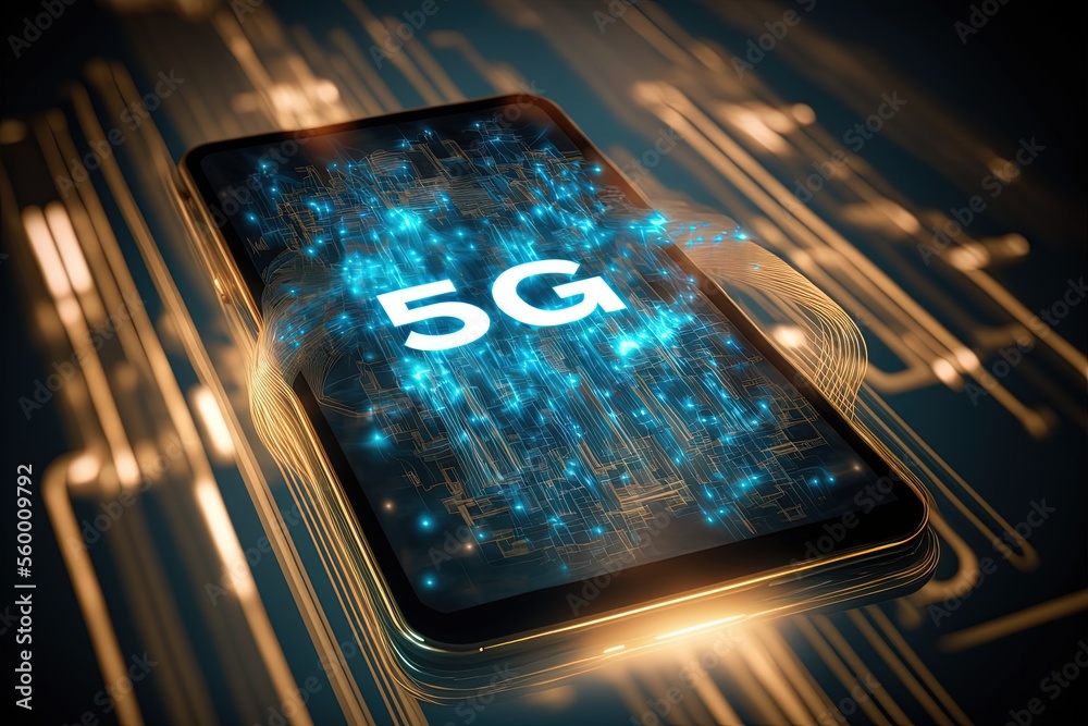 5G word on circuit board with blue and yellow neon light trail glow in ...