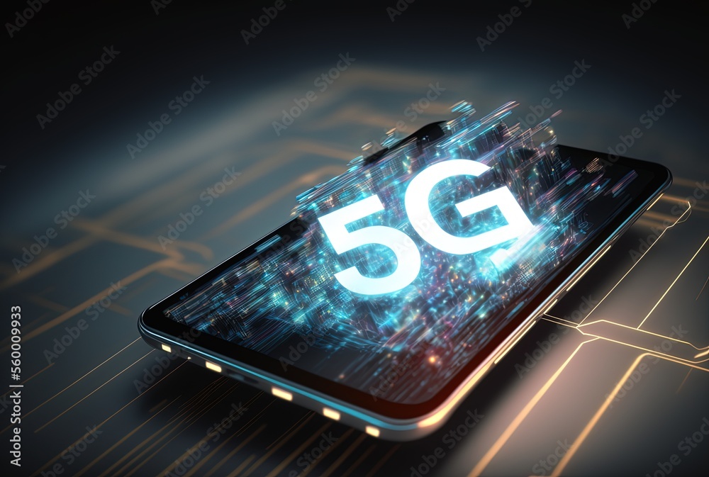 5G word on circuit board with blue and yellow neon light trail glow in ...