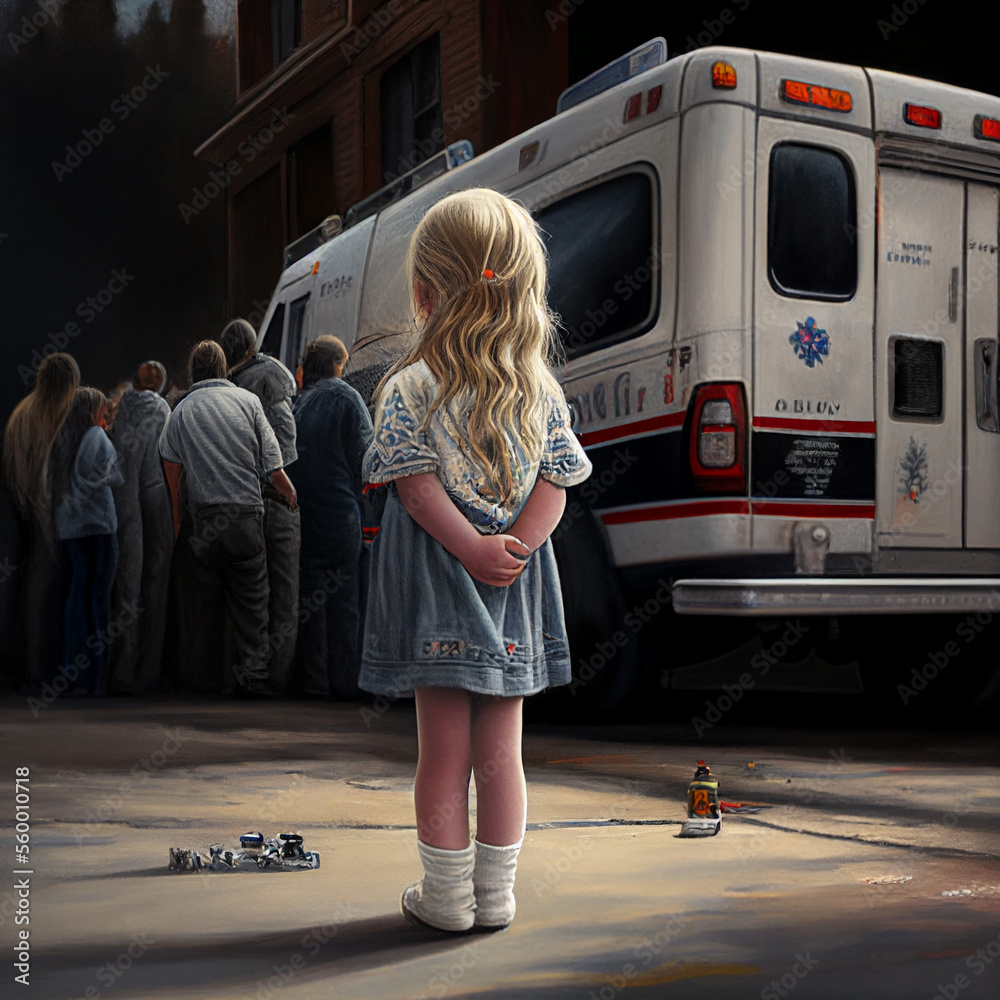 The child looks at the crowd of people at the ambulance. AI generated ...