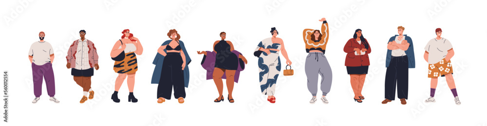 Body-positive plus-size people in fashion apparel set. Happy men, women ...