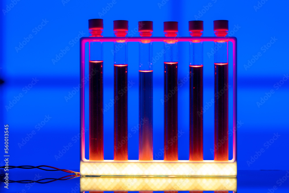 samples of radioactive liquid in test tubes in a nuclear physics ...