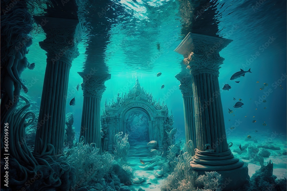 Antique columns and portal with fishes under sea water AI Stock ...