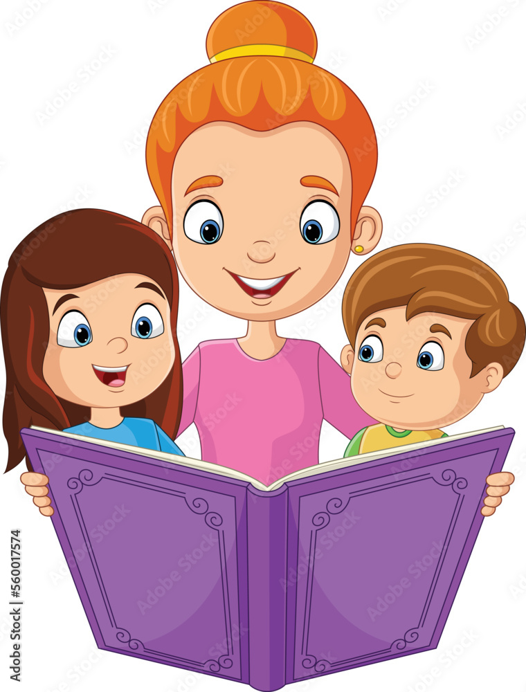 Cartoon mother reading a story book with her children Stock Vector ...