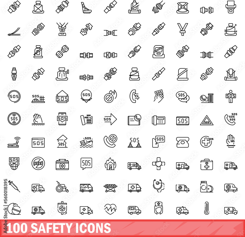 100 safety icons set. Outline illustration of 100 safety icons vector ...