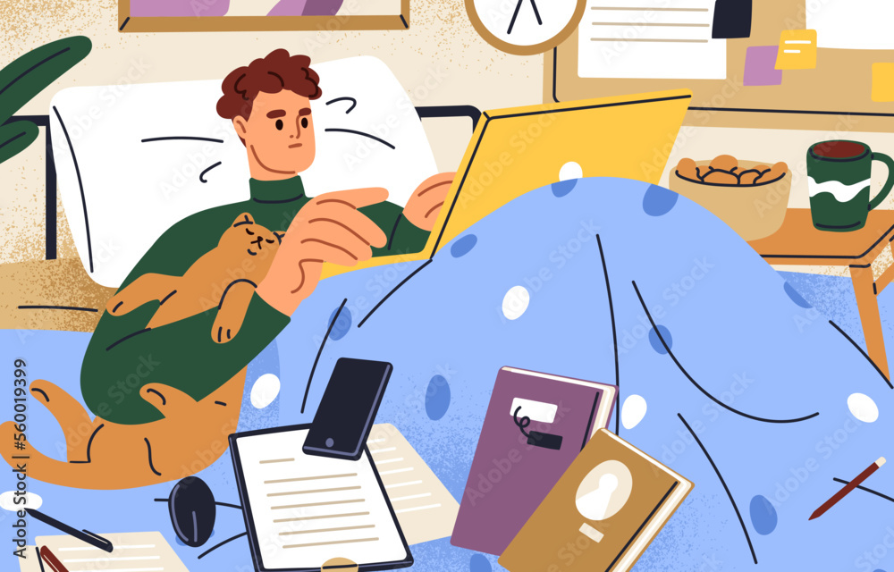 Busy remote worker lying in bed with laptop. Work overload concept. Man ...