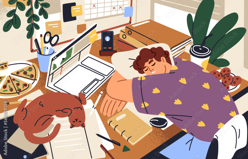 Tired overworked workaholic sleeping at desk in mess. Exhausted ...