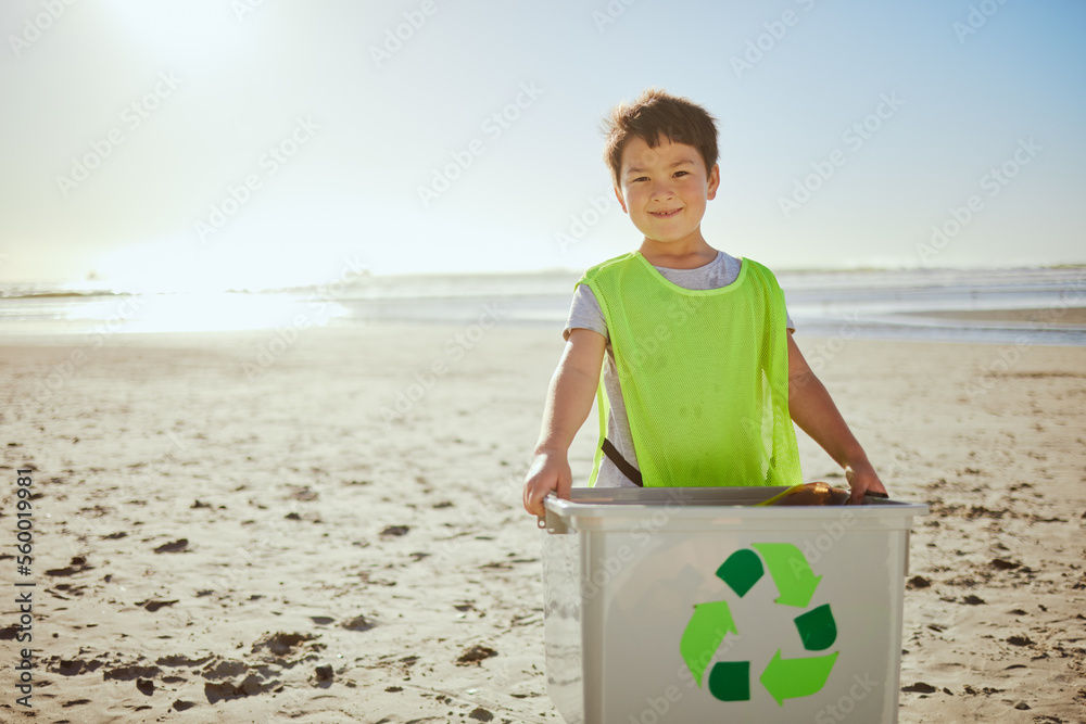 Recycling, beach cleaning and child in portrait, environment and ...
