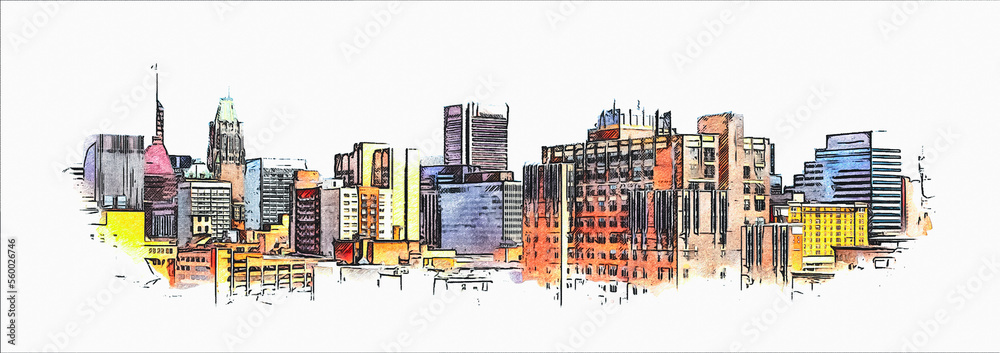 Baltimore Maryland City Skyline, color pencil style sketch illustration ...