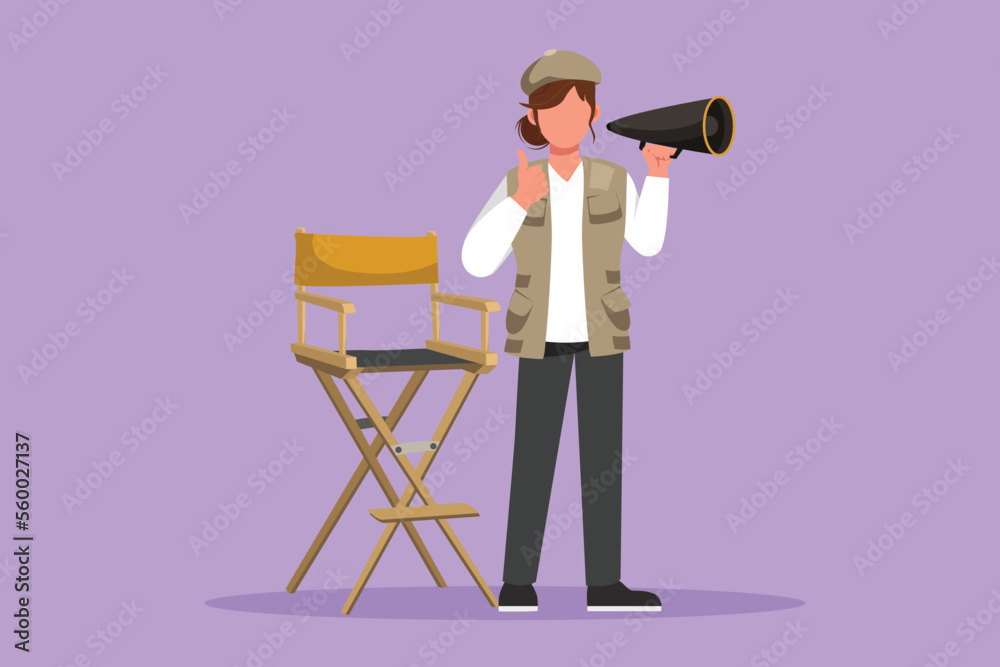 Graphic flat design drawing female film director standing and holding ...