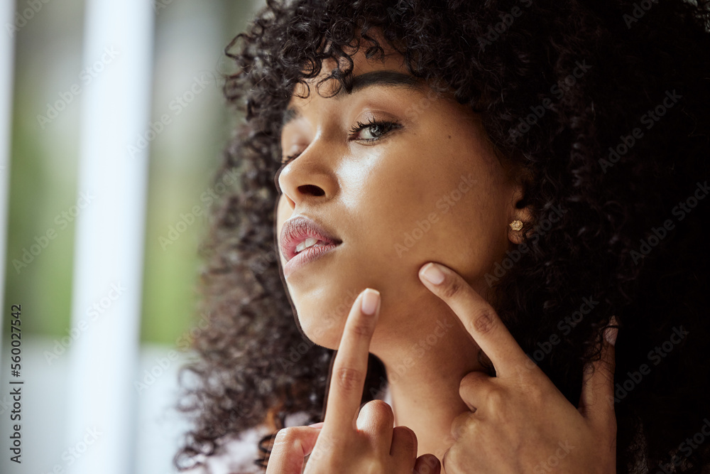 Black woman, hands and facial acne skincare cleaning for beauty hygiene ...
