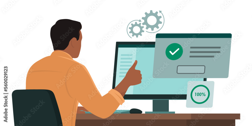 Man working with computer and receiving a system notification Stock ...
