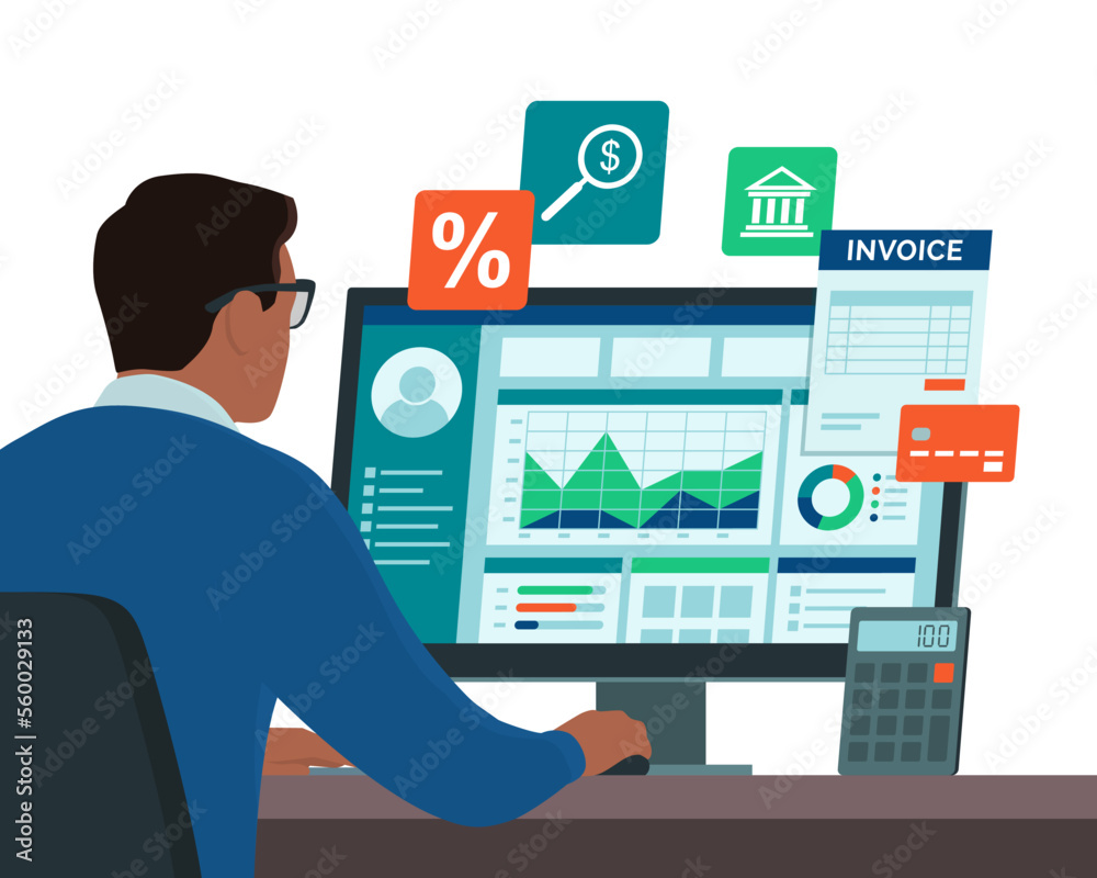 Businessman checking reports and online bank account on computer Stock ...