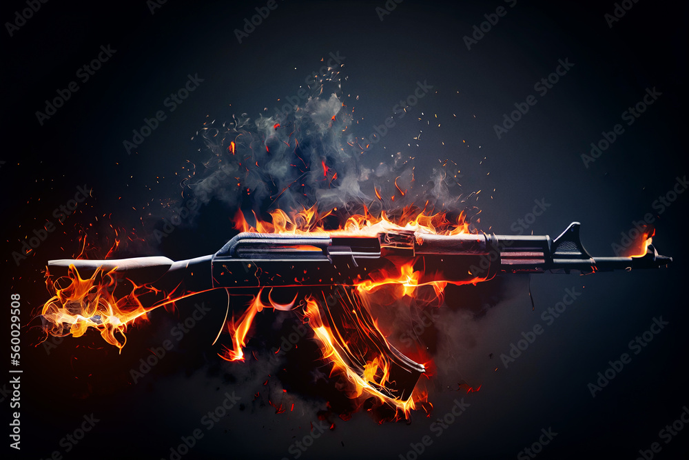 Burning AK-47 assault rifle made of fire, smoke and sparks on black ...