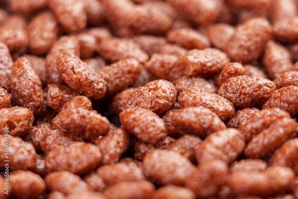 Chocolate cereal puffed rice flakes. Crispy popped choco breakfast ...