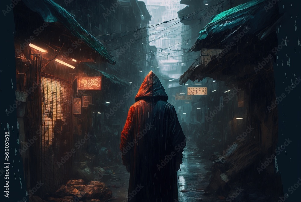 Lonely man walking slowly with hooded raincoat through foggy humid ...