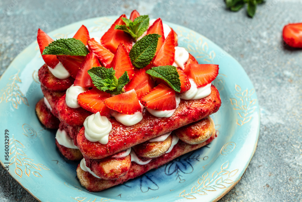 Tiramisu. Homemade tiramisu cake with fresh strawberry, mascarpone and ...