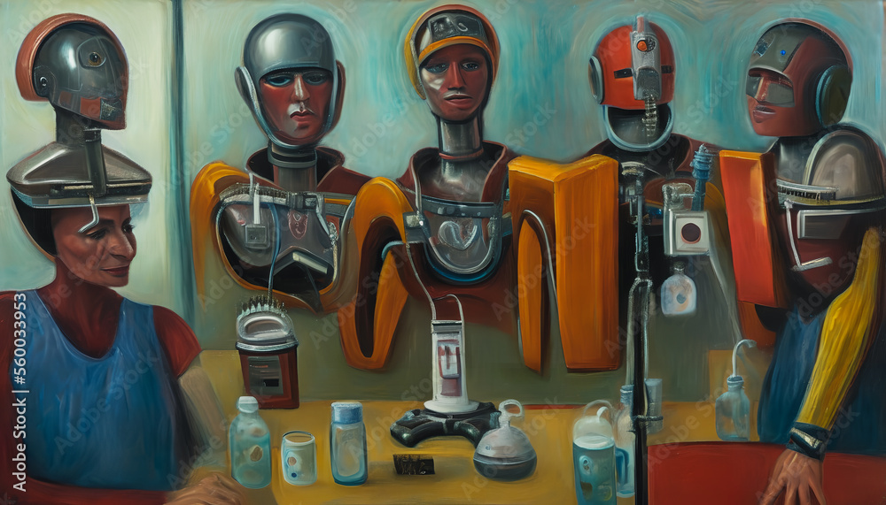 The abstract painting depicts medical procedures, with bold lines and ...