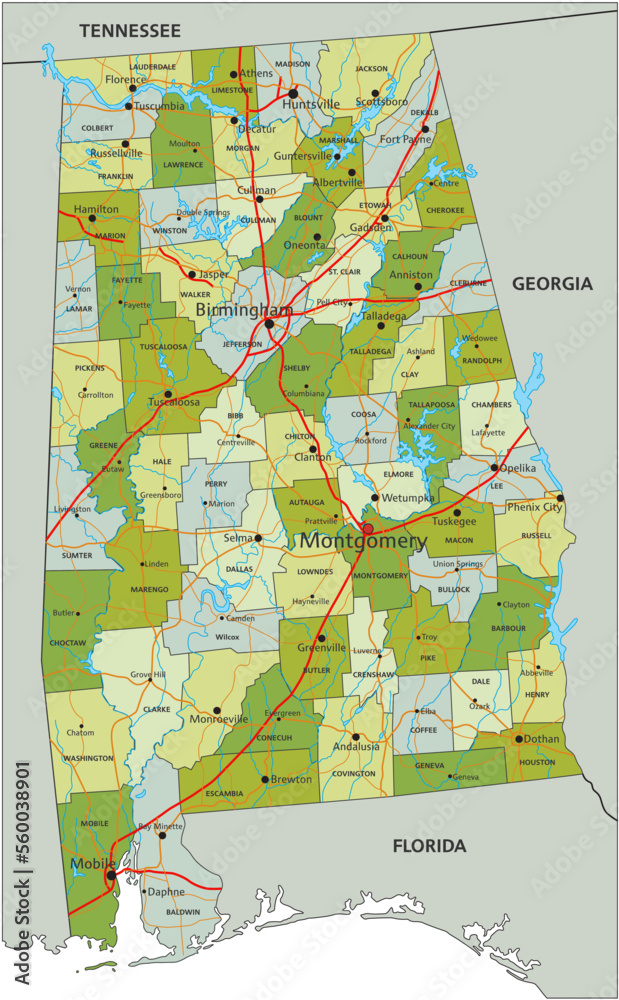 Highly detailed editable political map with separated layers. Alabama ...