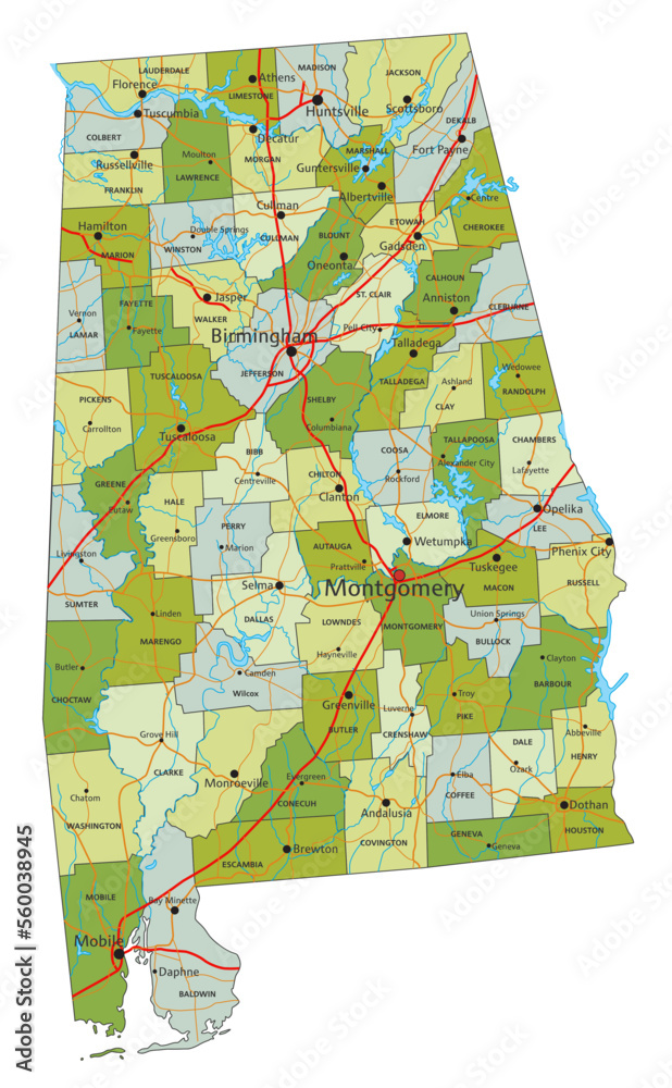Highly detailed editable political map with separated layers. Alabama ...