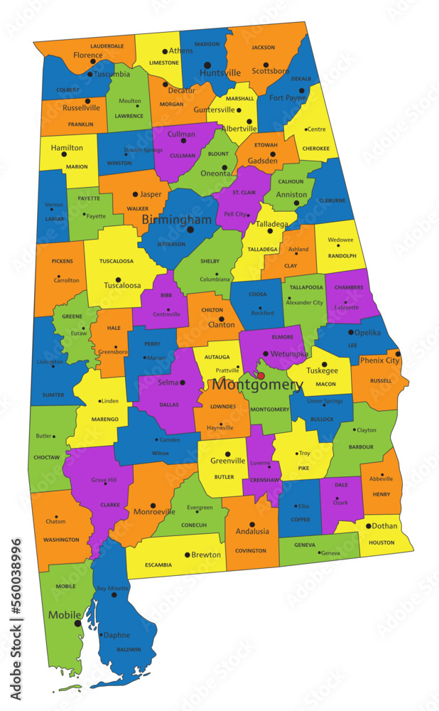 Colorful Alabama political map with clearly labeled, separated layers ...