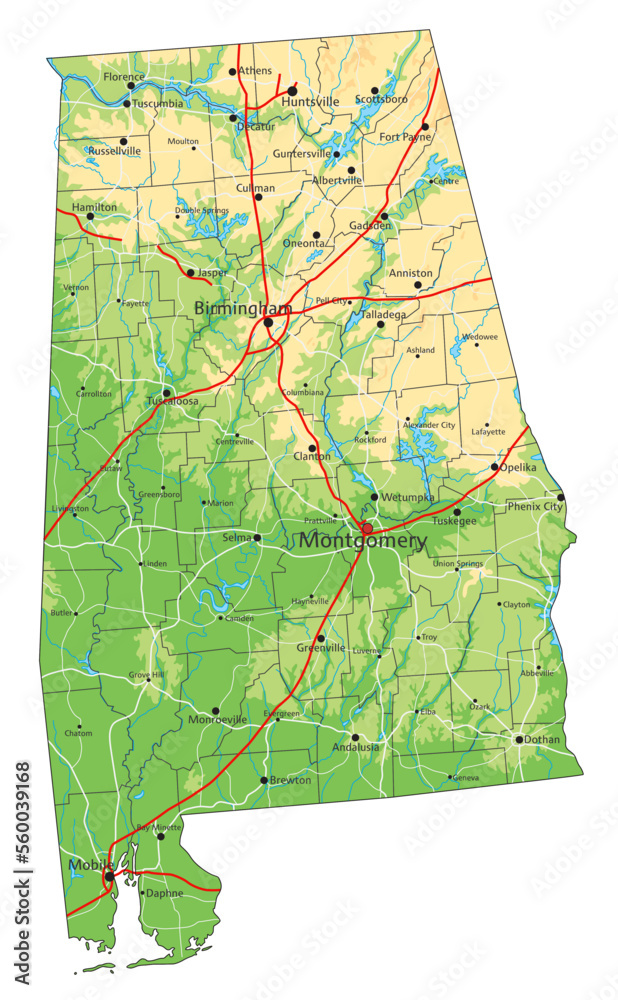 High detailed Alabama physical map with labeling. Stock Vector | Adobe ...