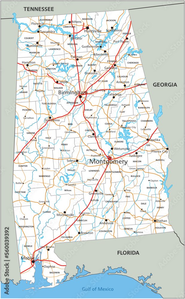 High detailed Alabama road map with labeling. Stock Vector | Adobe Stock