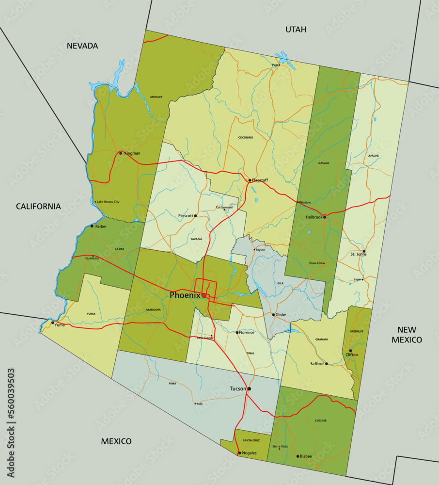 Highly detailed editable political map with separated layers. Arizona ...