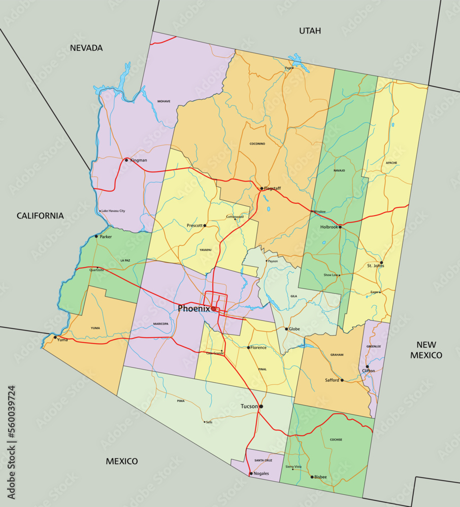 Arizona - Highly detailed editable political map with labeling. Stock ...